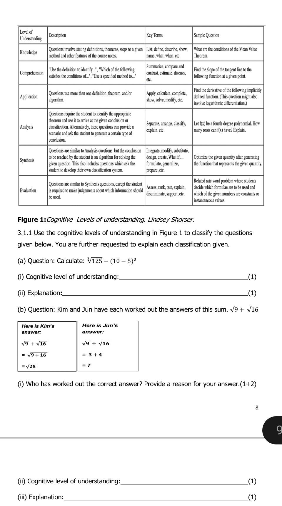 Solved Figure 1: Cognitive Levels of understanding. Lindsey | Chegg.com