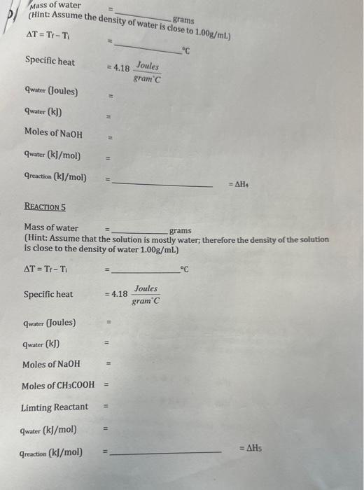 Solved REACTION.2 Mass of water = grams (Hint: Assume that | Chegg.com