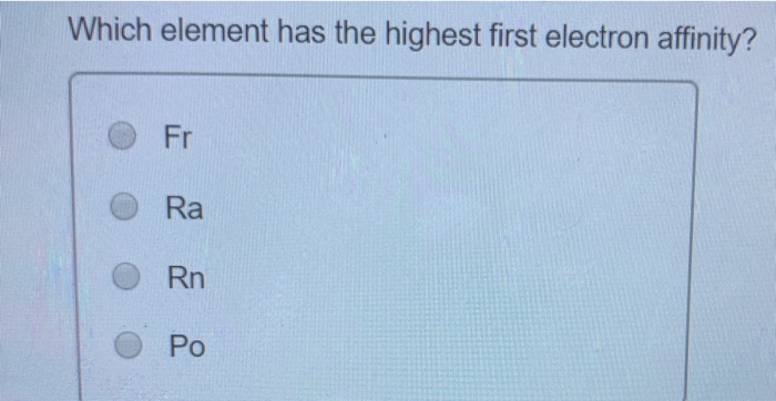 Solved Which element has the highest first electron | Chegg.com