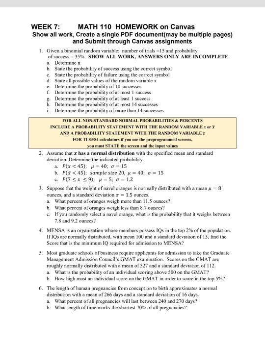 Solved WEEK 7: MATH 110 HOMEWORK on Canvas Show all work, | Chegg.com