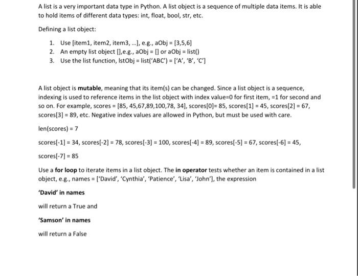 Solved A list is a very important data type in Python. A | Chegg.com