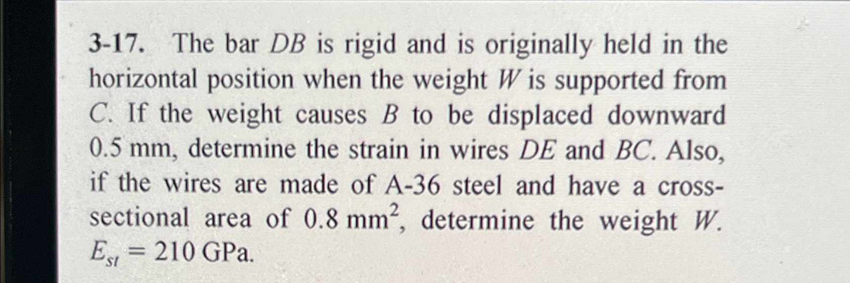 Solved 3-17. ﻿The bar DB ﻿is rigid and is originally held in | Chegg.com