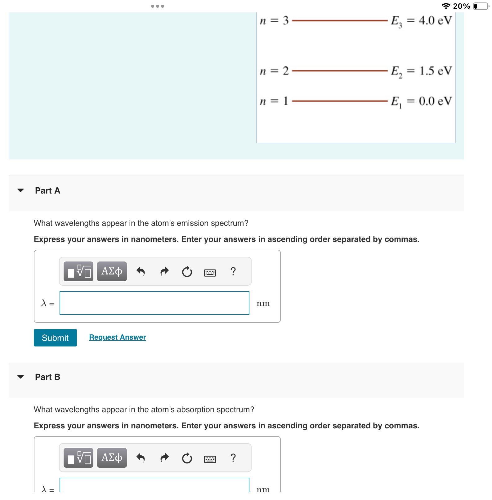 Solved n=3,*E3=4.0eVn=2,E2=1.5eVn=1,E1=0.0eVPart AWhat | Chegg.com
