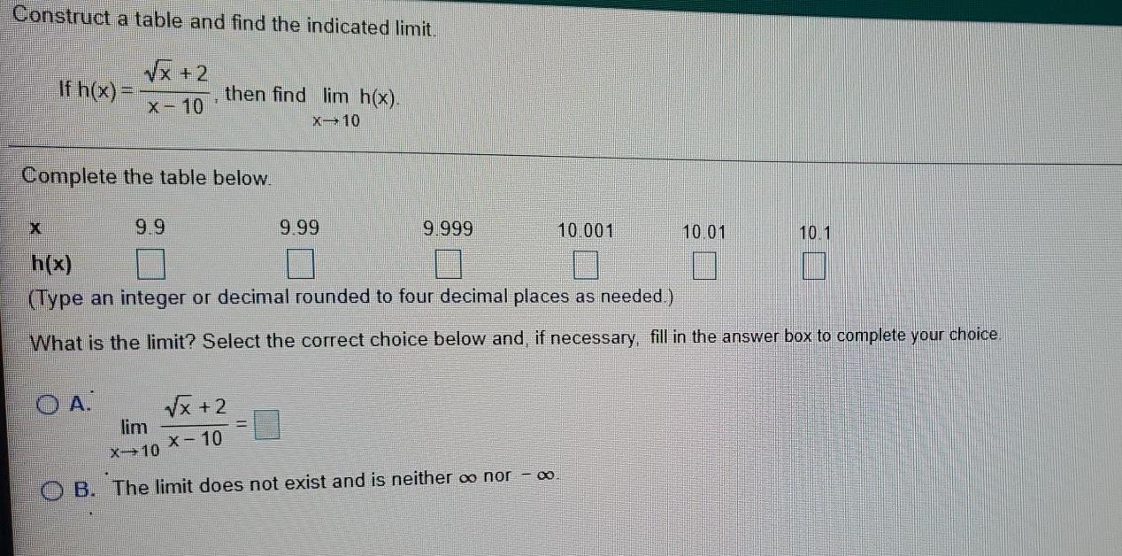 Solved Construct a table and find the indicated limit. Vx+ 2 | Chegg.com