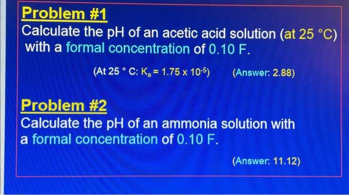 Solved Problem \#1 Calculate the pH of an acetic acid | Chegg.com