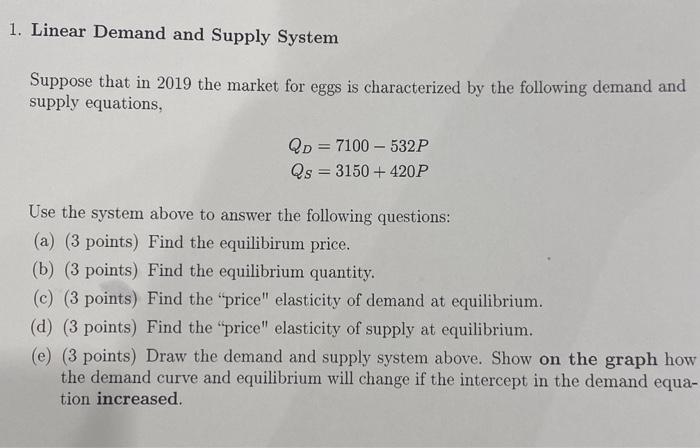 Solved Linear Demand and Supply System Suppose that in 2019 | Chegg.com