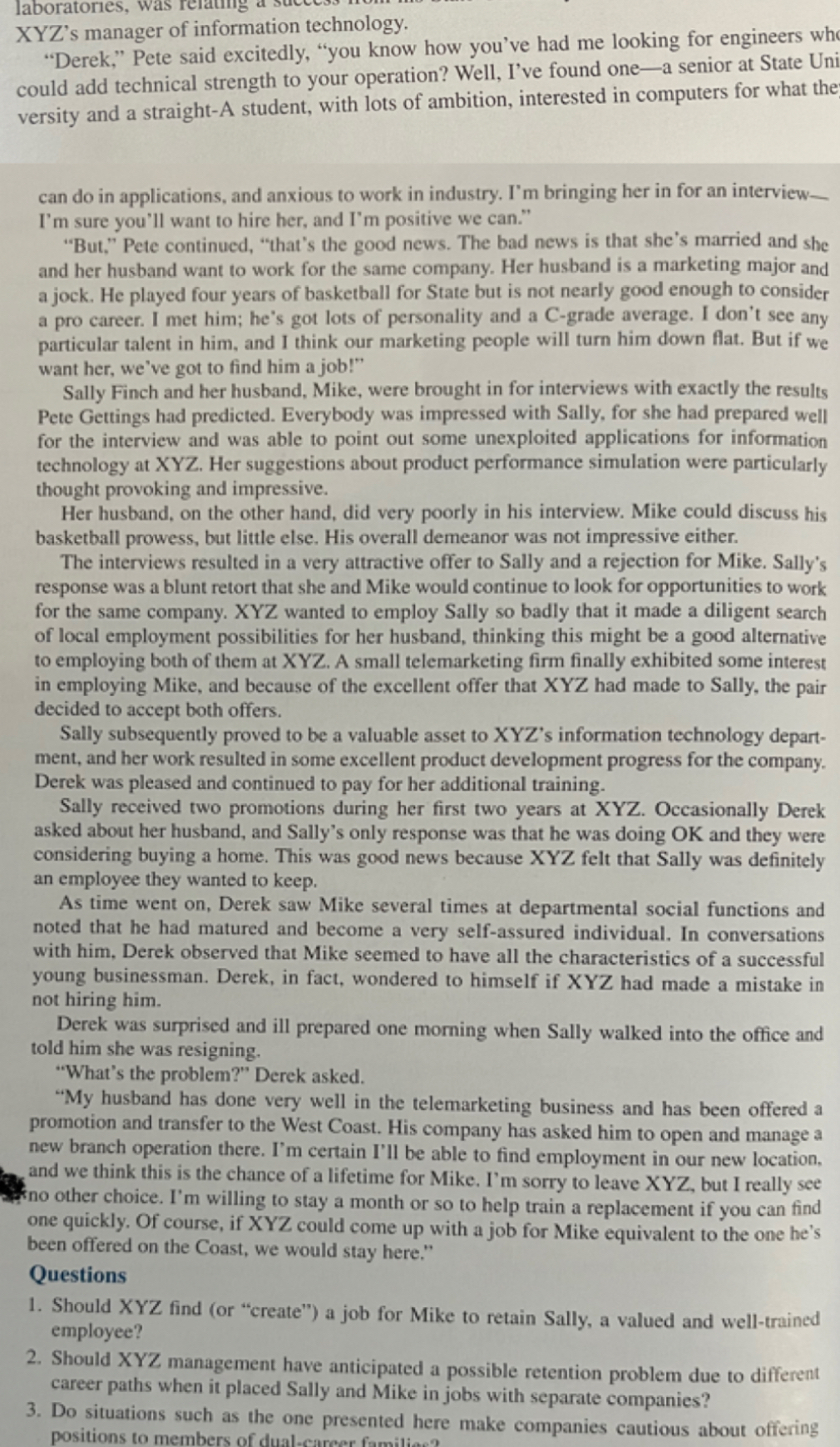 Solved XYZ's manager of information technology."Derek," Pete | Chegg.com