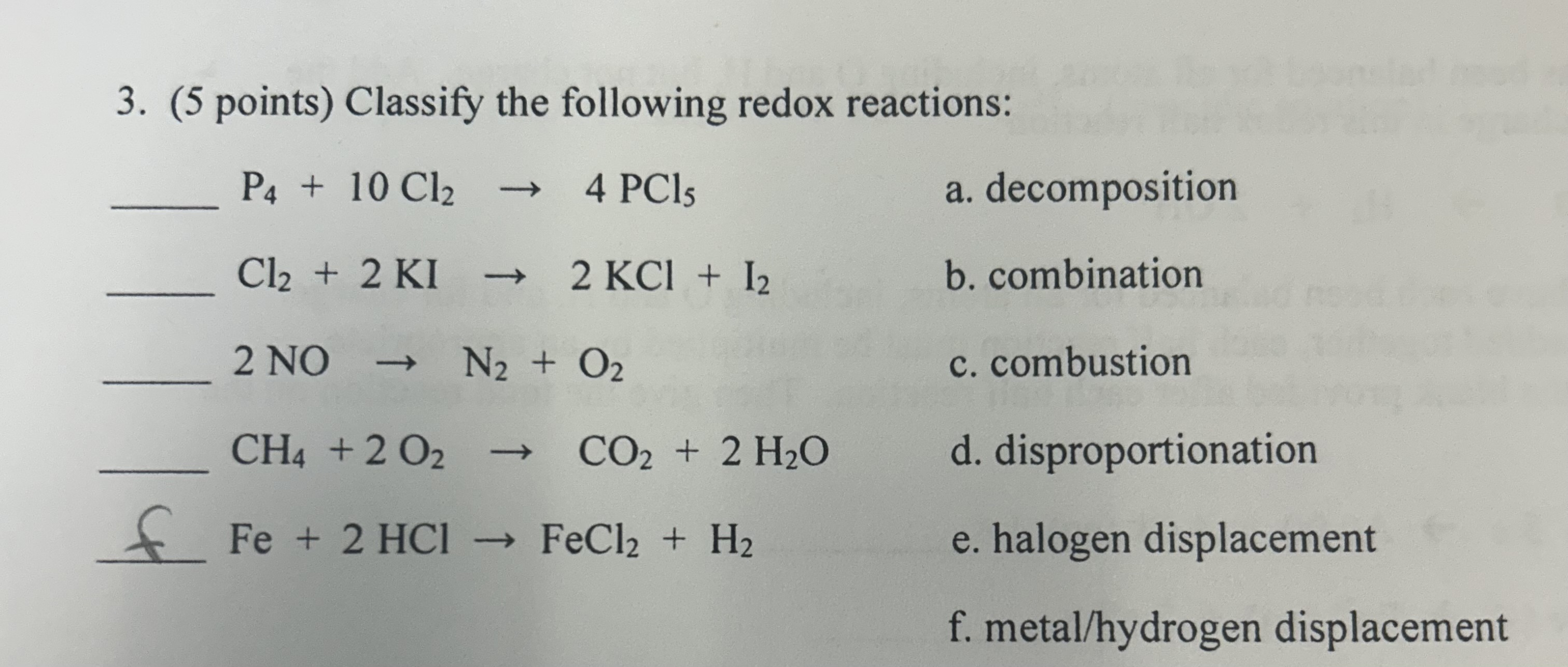 Solved (5 ﻿points) ﻿Classify the following redox | Chegg.com