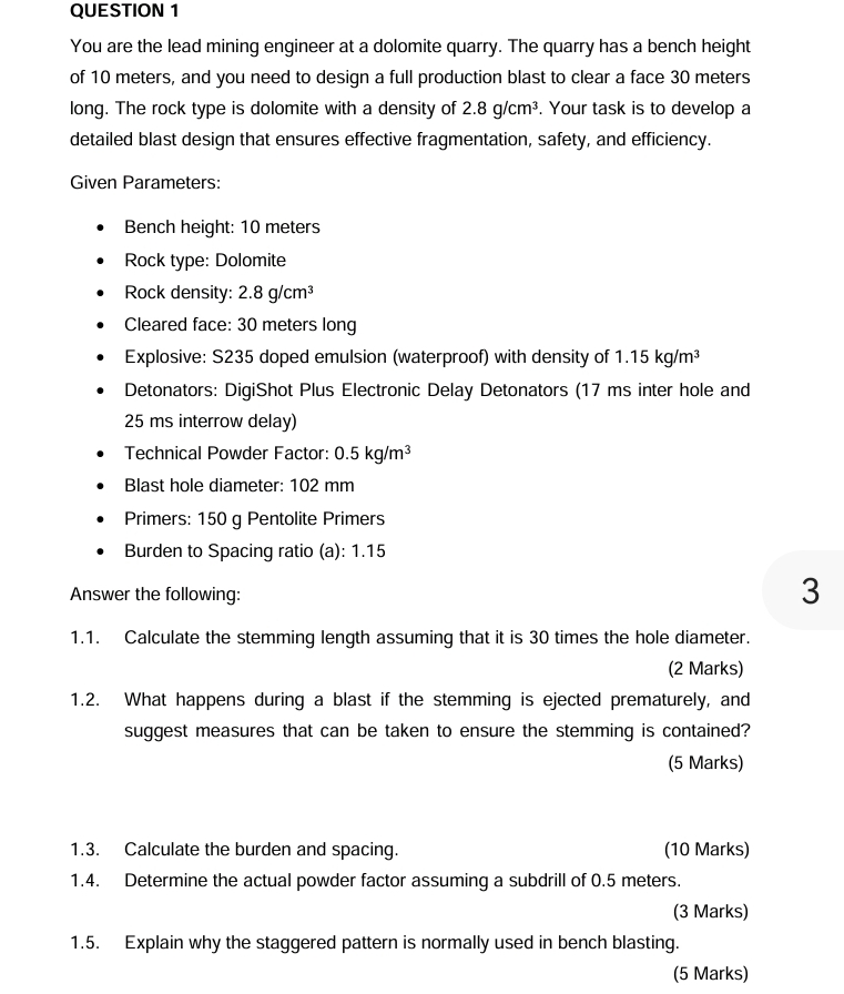Solved QUESTION 1You are the lead mining engineer at a | Chegg.com