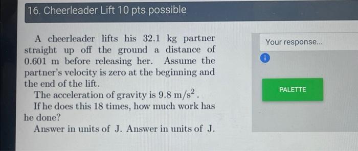 Solved A cheerleader lifts his 32.1 kg partner straight up | Chegg.com