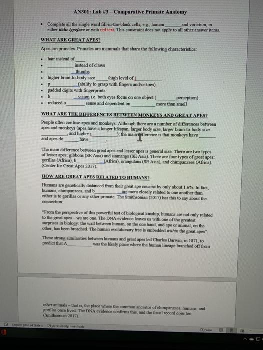 Solved AN301: Lab #3 - Comparative Primate Anatomy . | Chegg.com