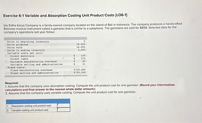 Solved Exercise 6 1 Variable And Absorption Costing Unit