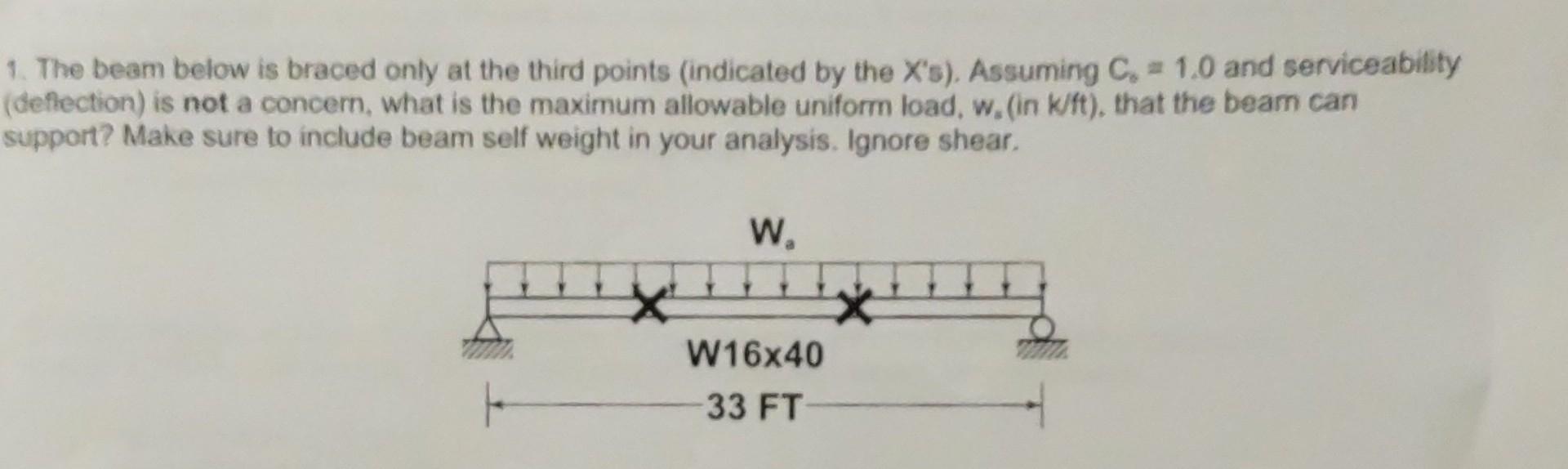 Solved 1. The beam below is braced only at the third points | Chegg.com