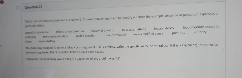 Solved Question 22Thin in a list of fallacies presented in | Chegg.com