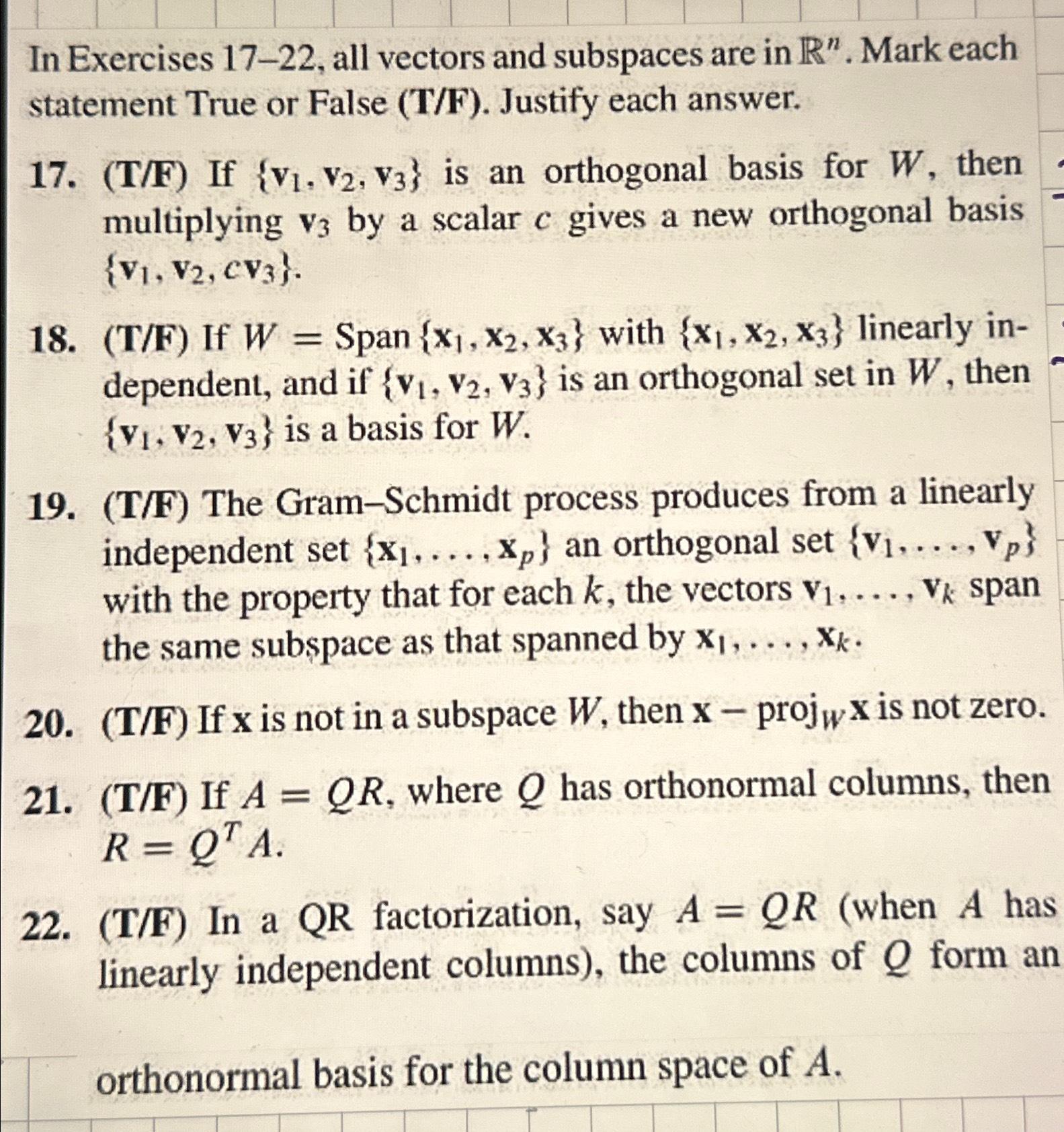 Solved In Exercises 17-22, ﻿all vectors and subspaces are in | Chegg.com