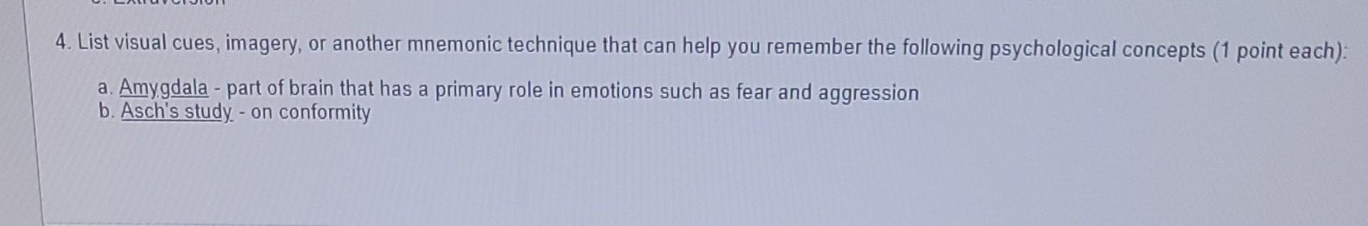 Solved 4. List visual cues, imagery, or another mnemonic | Chegg.com