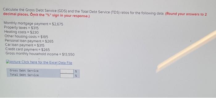 Solved Calculate the Gross Debt Service (GDS) and the Total | Chegg.com