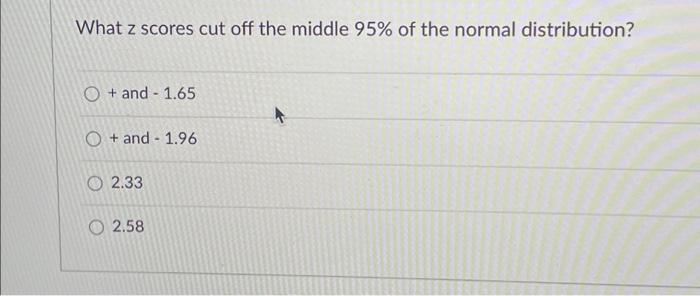 Solved What z scores cut off the middle 95% of the normal | Chegg.com