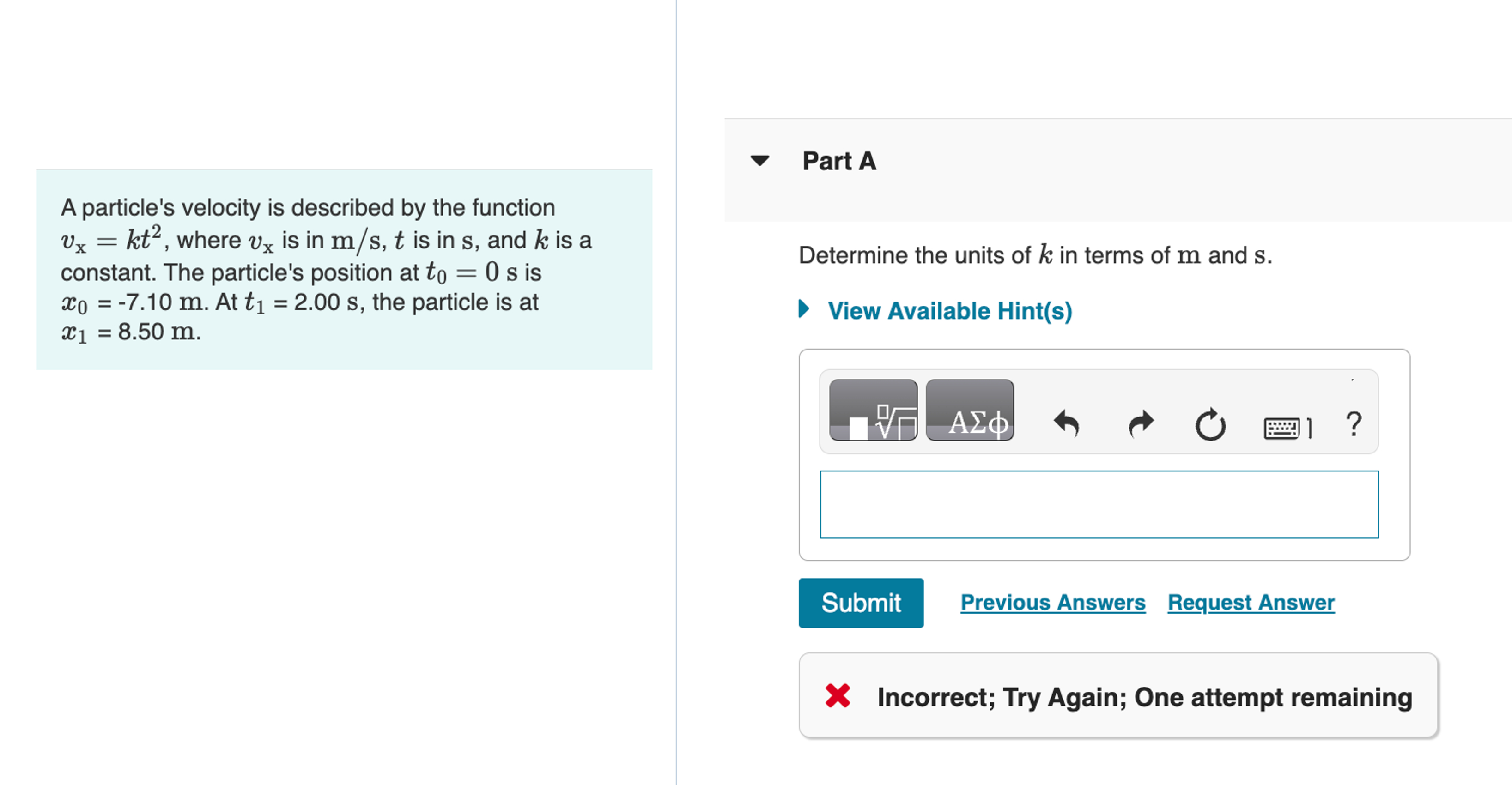 Solved A particle's velocity is described by the | Chegg.com