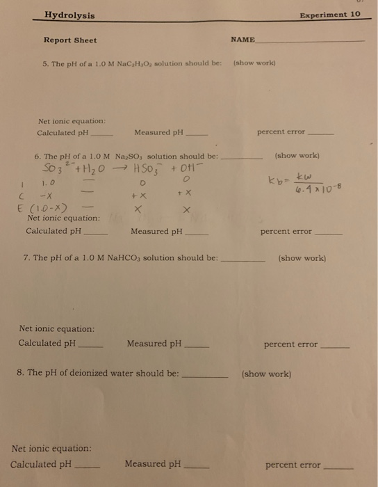 Solved Hydrolysis Experiment 10 Report Sheet NAME 1. The pH | Chegg.com
