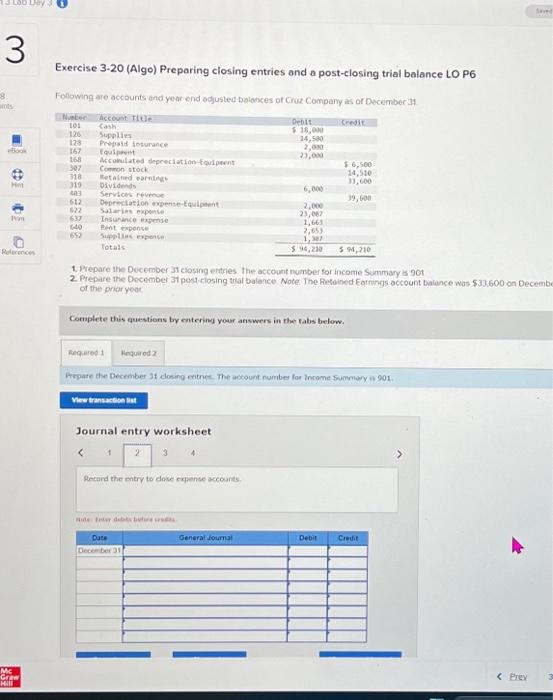Solved S Exercise 3-20 (Algo) Preparing closing entries and | Chegg.com