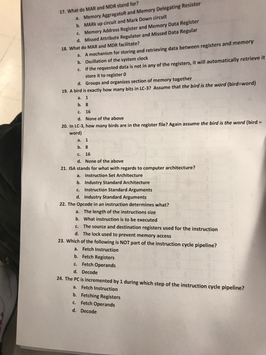 Solved 17. What do MAR and MDR stand for? a. Memory | Chegg.com