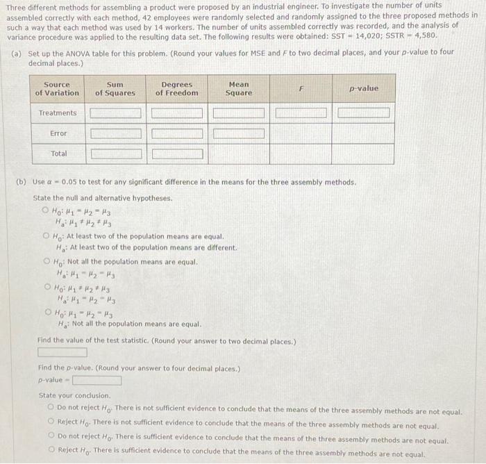 Solved Three different methods for assembling a product were | Chegg.com
