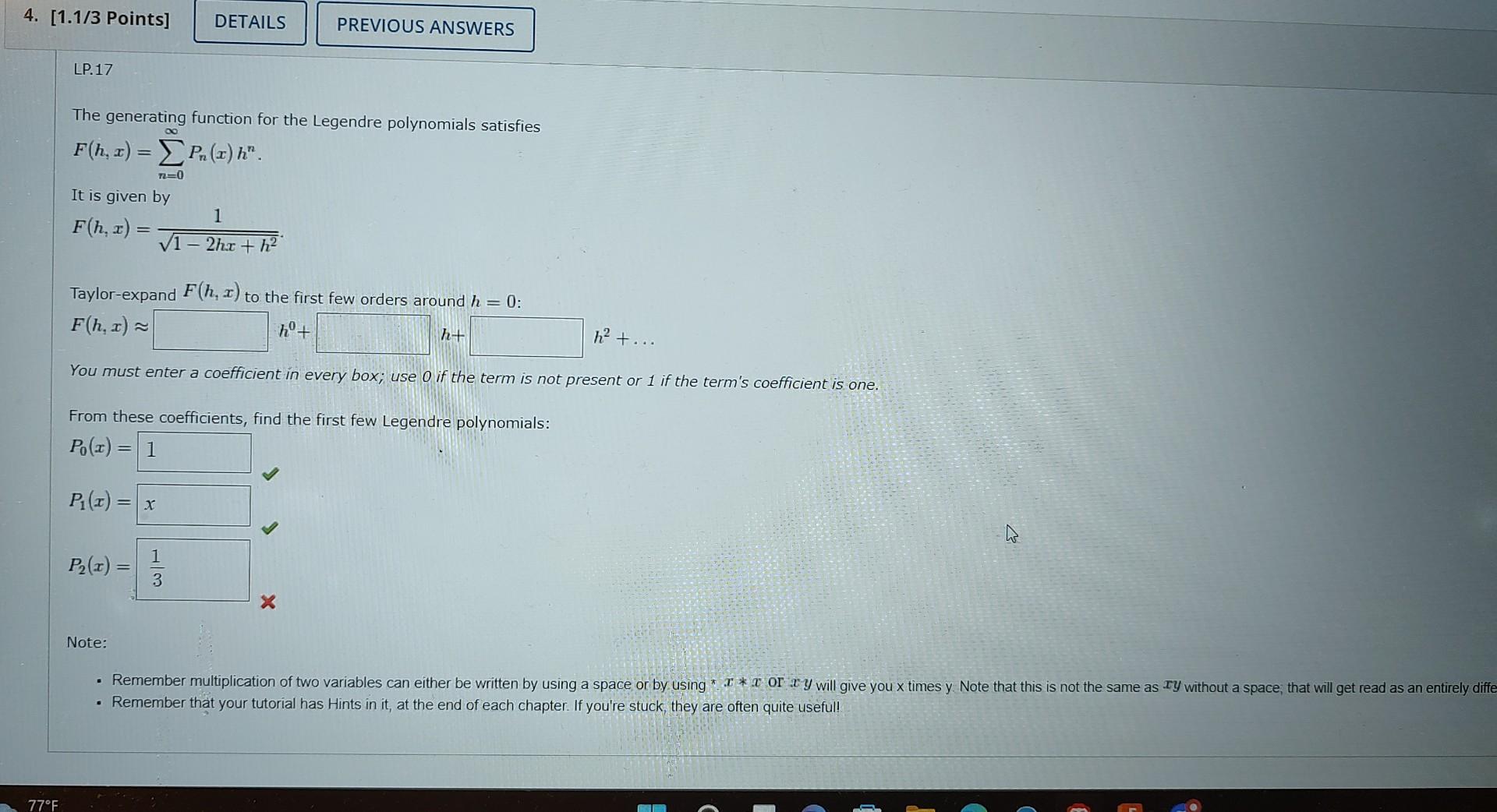 Solved The generating function for the Legendre polynomials | Chegg.com