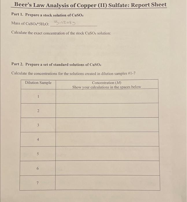 Solved Part 1. Prepare a stock solution of CuSO4 Mass of | Chegg.com