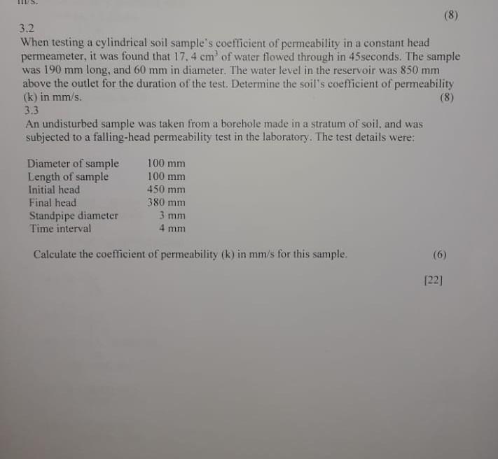 Solved 3.2 When testing a cylindrical soil sample's | Chegg.com