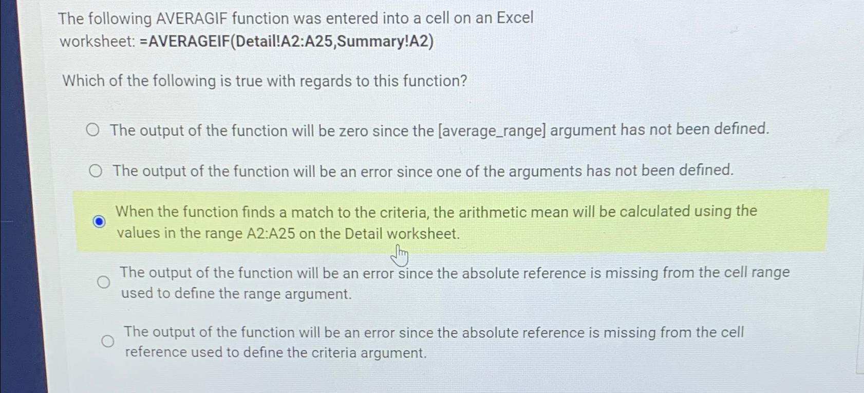 Solved The following AVERAGIF function was entered into a | Chegg.com