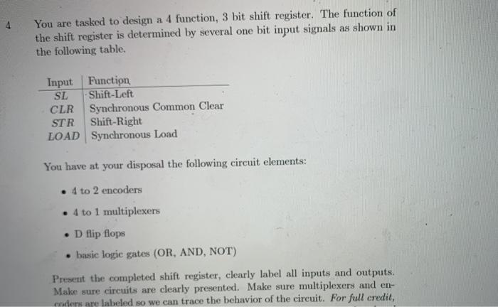 Solved 4 You are tasked to design a 4 function, 3 bit shift | Chegg.com