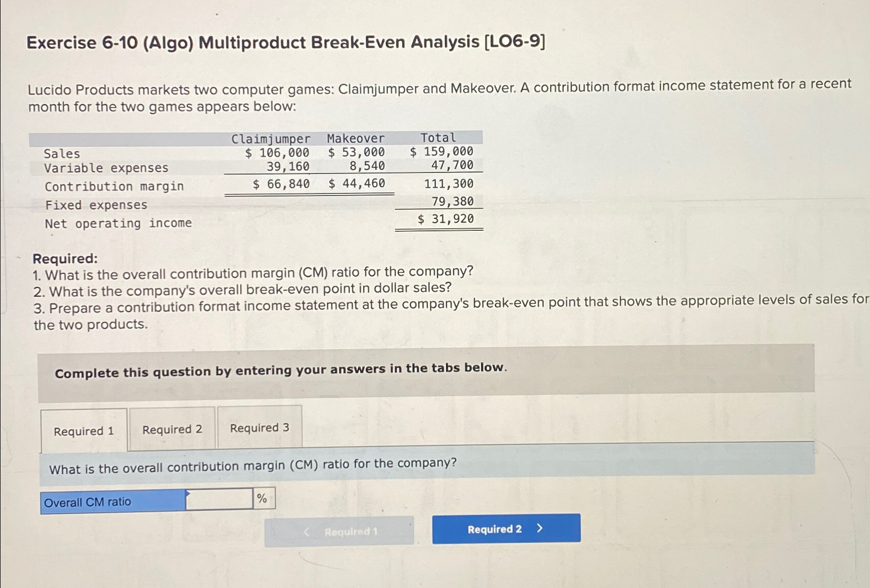 Solved Exercise 6-10 (Algo) ﻿Multiproduct Break-Even | Chegg.com