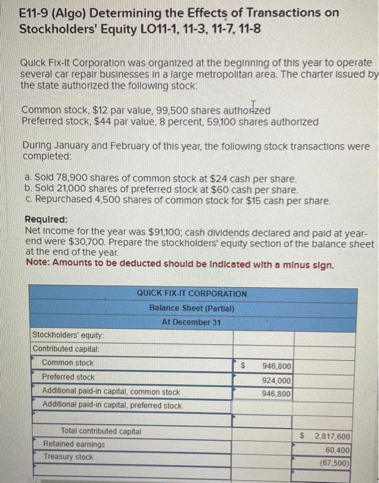 Solved E11-9 (Algo) Determining the Effects of Transactions | Chegg.com