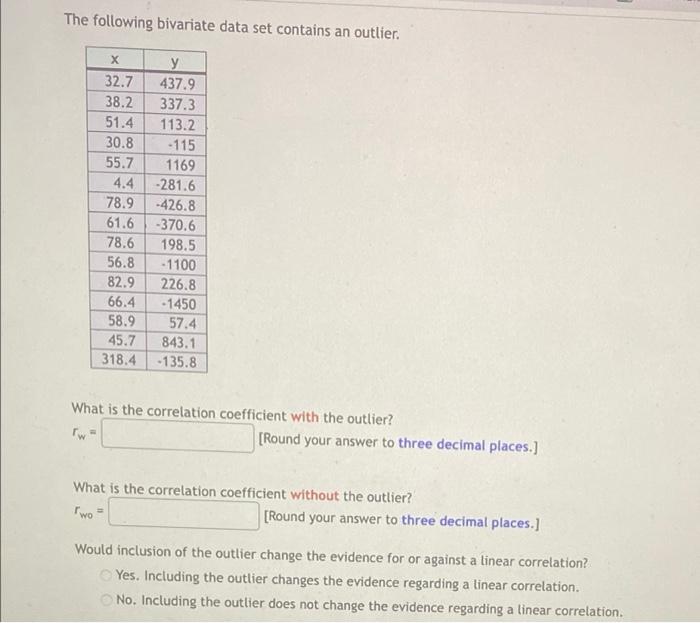 Solved The following bivariate data set contains an | Chegg.com