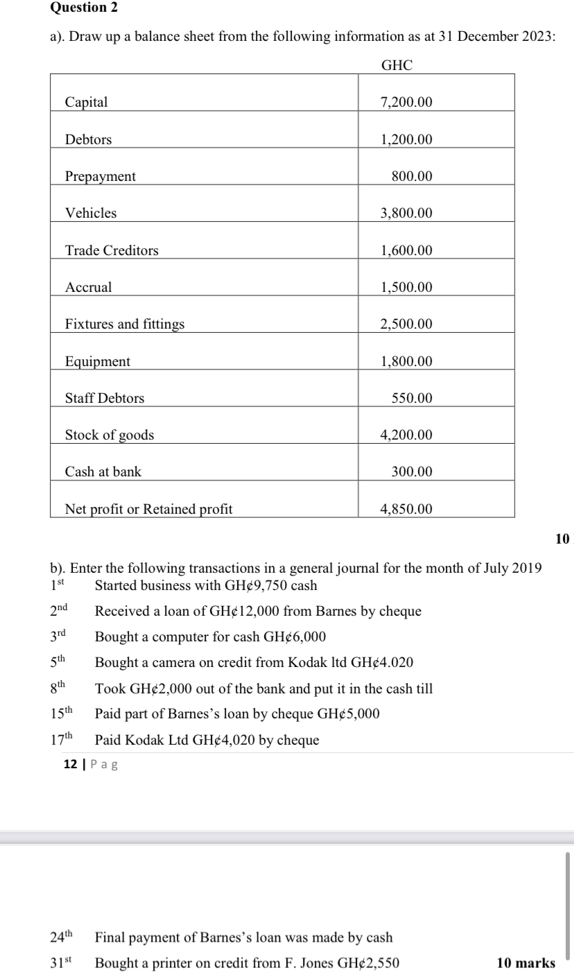 Solved Question 2a). ﻿Draw up a balance sheet from the | Chegg.com