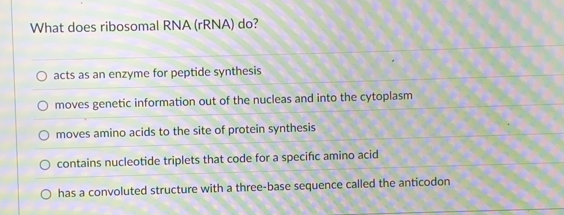Solved What does ribosomal RNA (rRNA) ﻿do?acts as an enzyme | Chegg.com