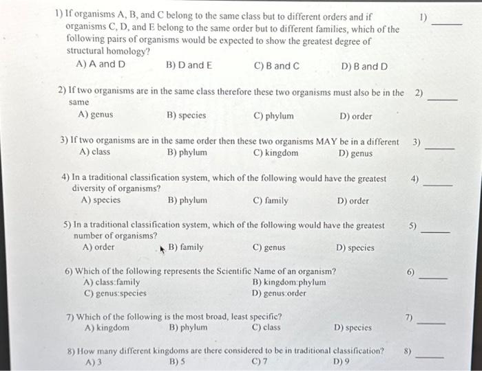 Solved 1) If organisms A,B, and C belong to the same class | Chegg.com