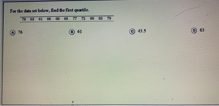 Solved For the data set below, find the first quartile. 76 | Chegg.com