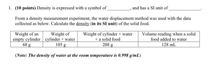 Solved 1. (10 points) Density is expressed with a symbol of | Chegg.com