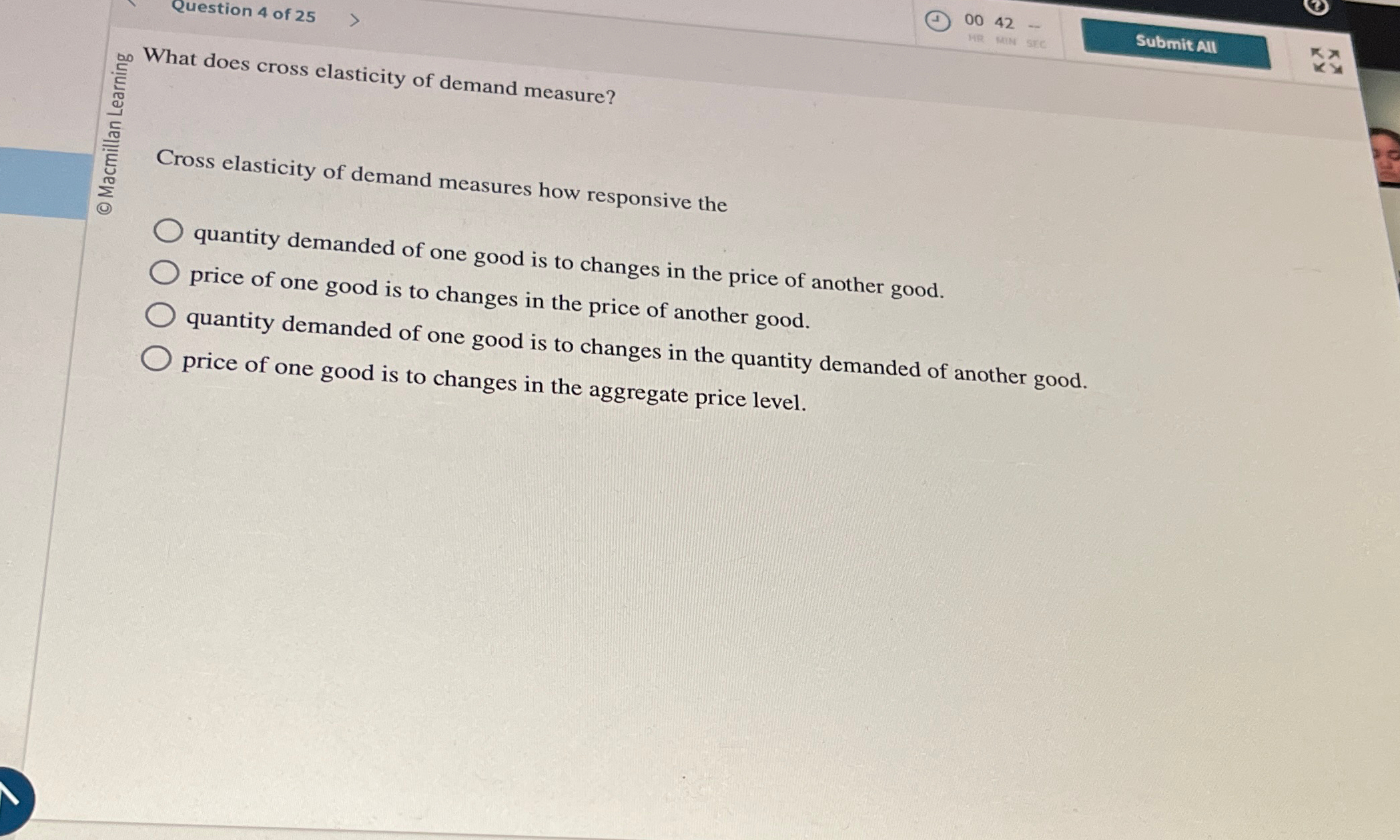 Solved Question 4 ﻿of 250042 -Submit AllCross elasticity of | Chegg.com