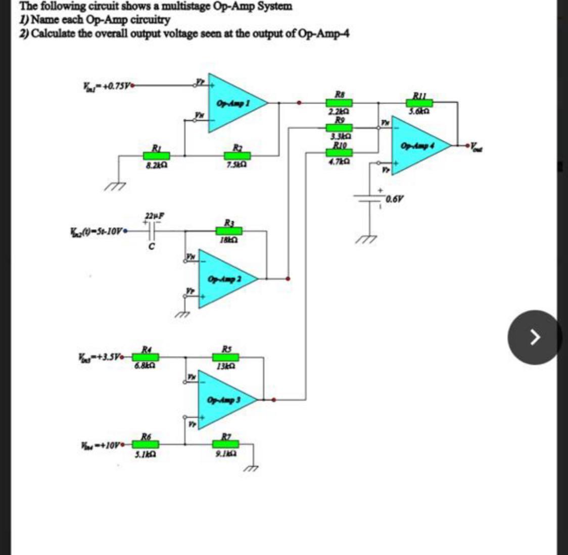 Solved The following circuit shows a multistage Op-Amp | Chegg.com