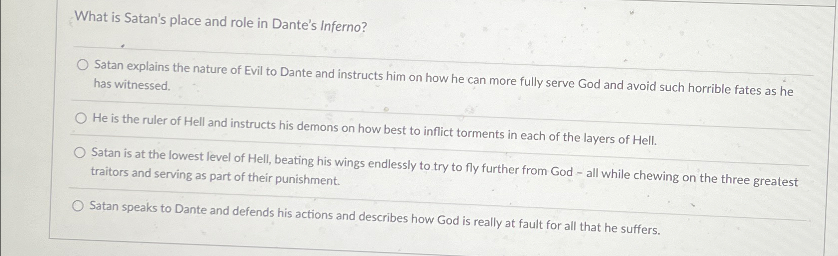 Solved What is Satan's place and role in Dante's | Chegg.com
