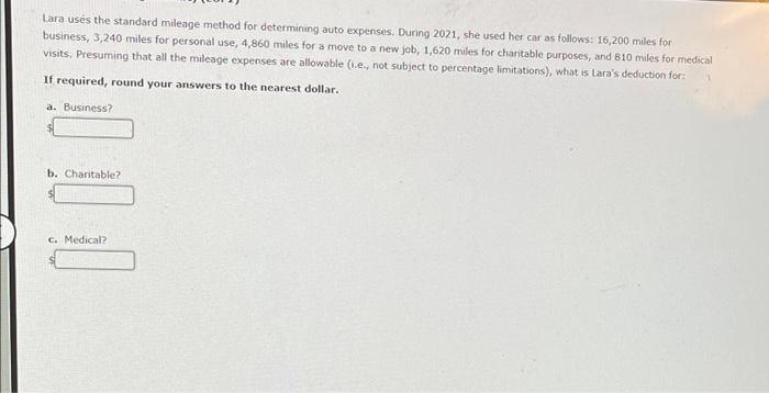 Solved Lara uses the standard mileage method for determining | Chegg.com