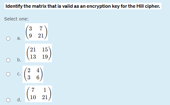 Identify the matrix that is valid as an encryption | Chegg.com