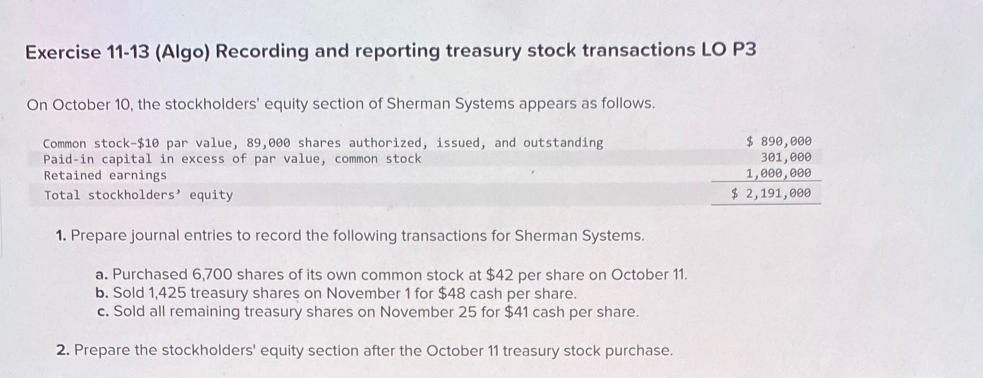 Solved Exercise 11-13 (Algo) ﻿Recording and reporting | Chegg.com