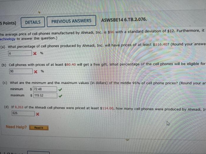 Solved he average price of cell phones manufactured by | Chegg.com