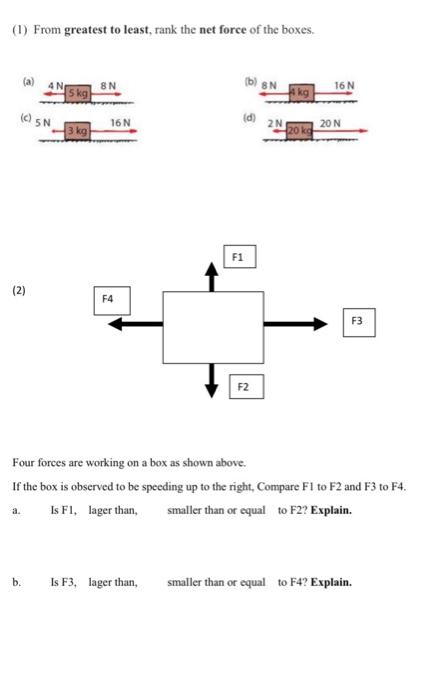Solved (1) From greatest to least, rank the net force of the | Chegg.com