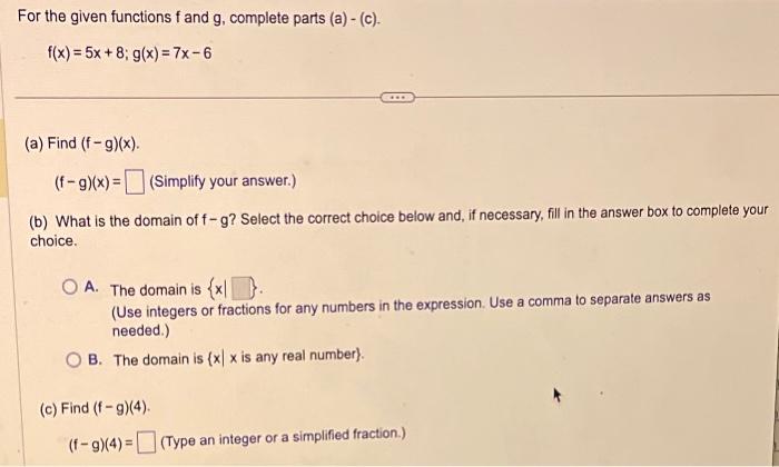 Solved For the given functions f and g, complete parts (a) - | Chegg.com
