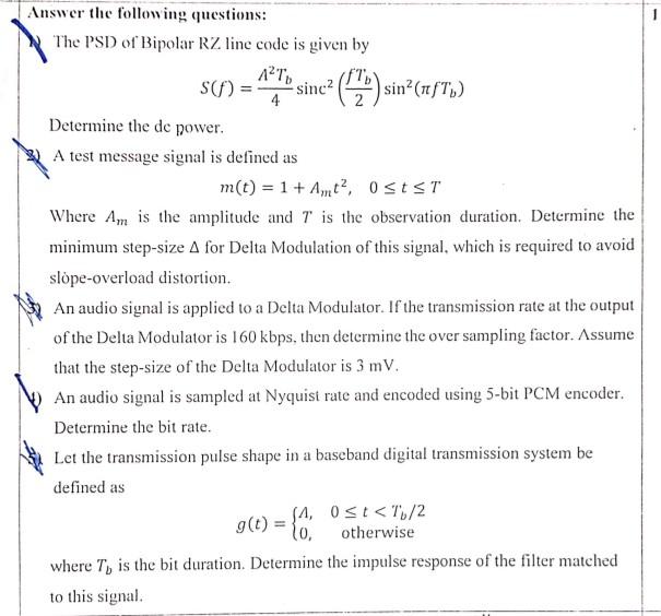 Solved Inswer the following questions: The PSD of Bipolar RZ | Chegg.com